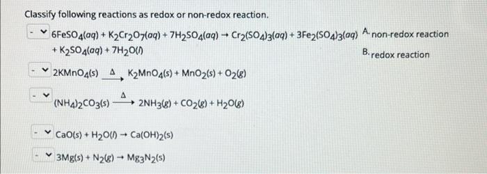 Solved + Classify following reactions as redox or non-redox | Chegg.com