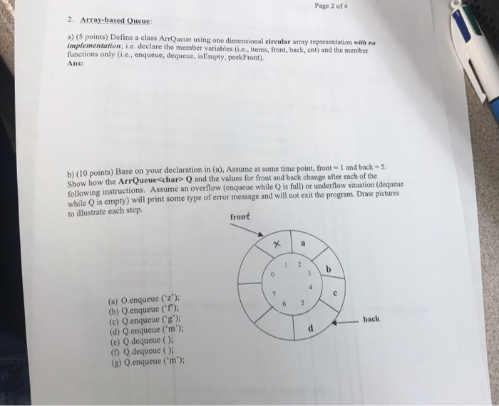 Solved Page 2 of 4 2. Array-based Queue: a) (5 points) | Chegg.com