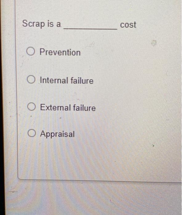 Solved Scrap is a cost Prevention Internal failure External | Chegg.com