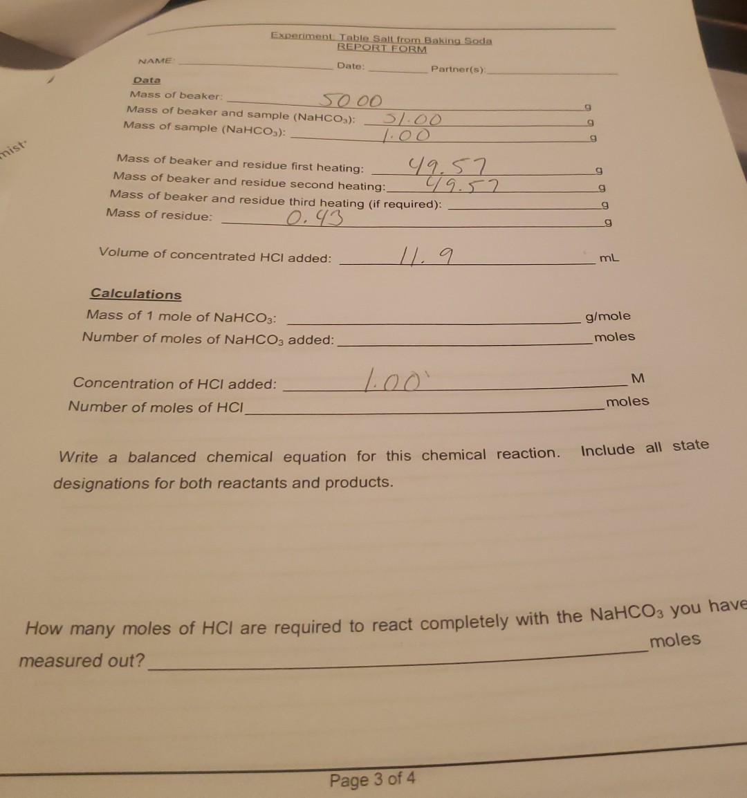 Solved EXPERIMENT: Table Salt from Baking Soda PURPOSE: 1 To | Chegg.com