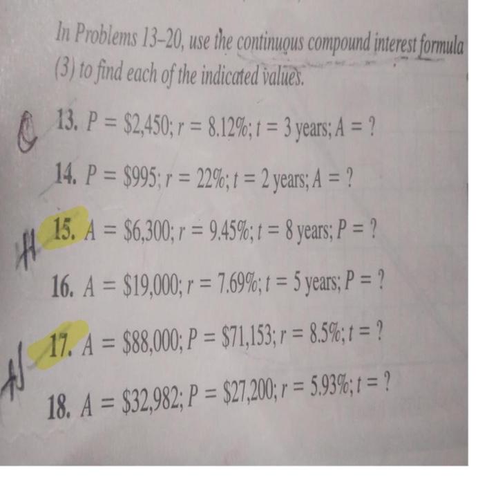 Solved In Problems 13-20, use the continuous compound | Chegg.com