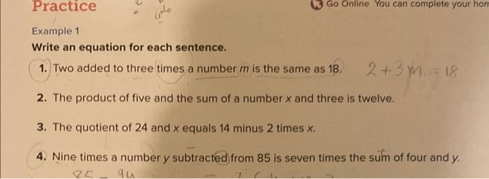 Solved Example 1 Write an equation for each sentence. 1. Two | Chegg.com