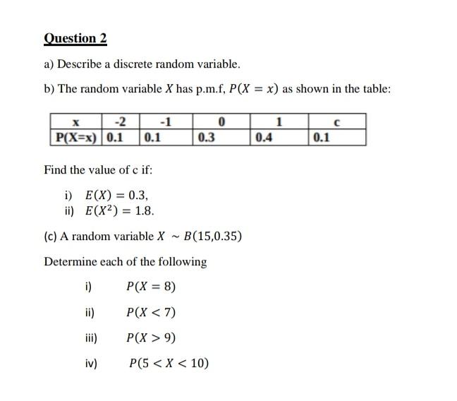 Solved Question 2a) ﻿Describe a discrete random variable.b) | Chegg.com
