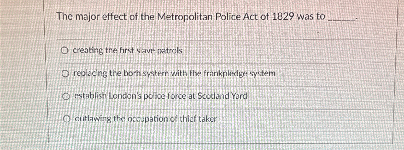 Solved The major effect of the Metropolitan Police Act of | Chegg.com