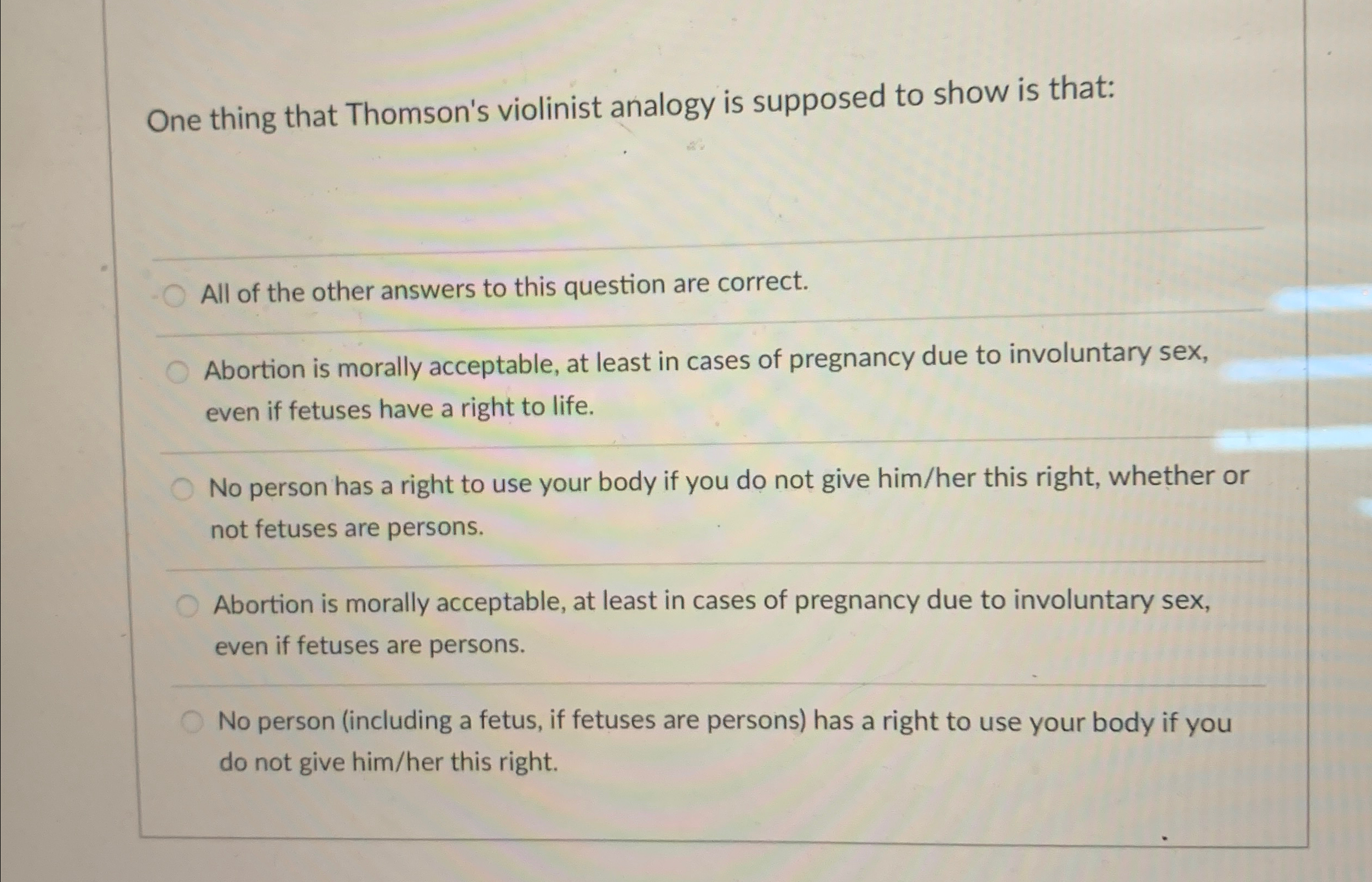 Solved One thing that Thomson's violinist analogy is | Chegg.com