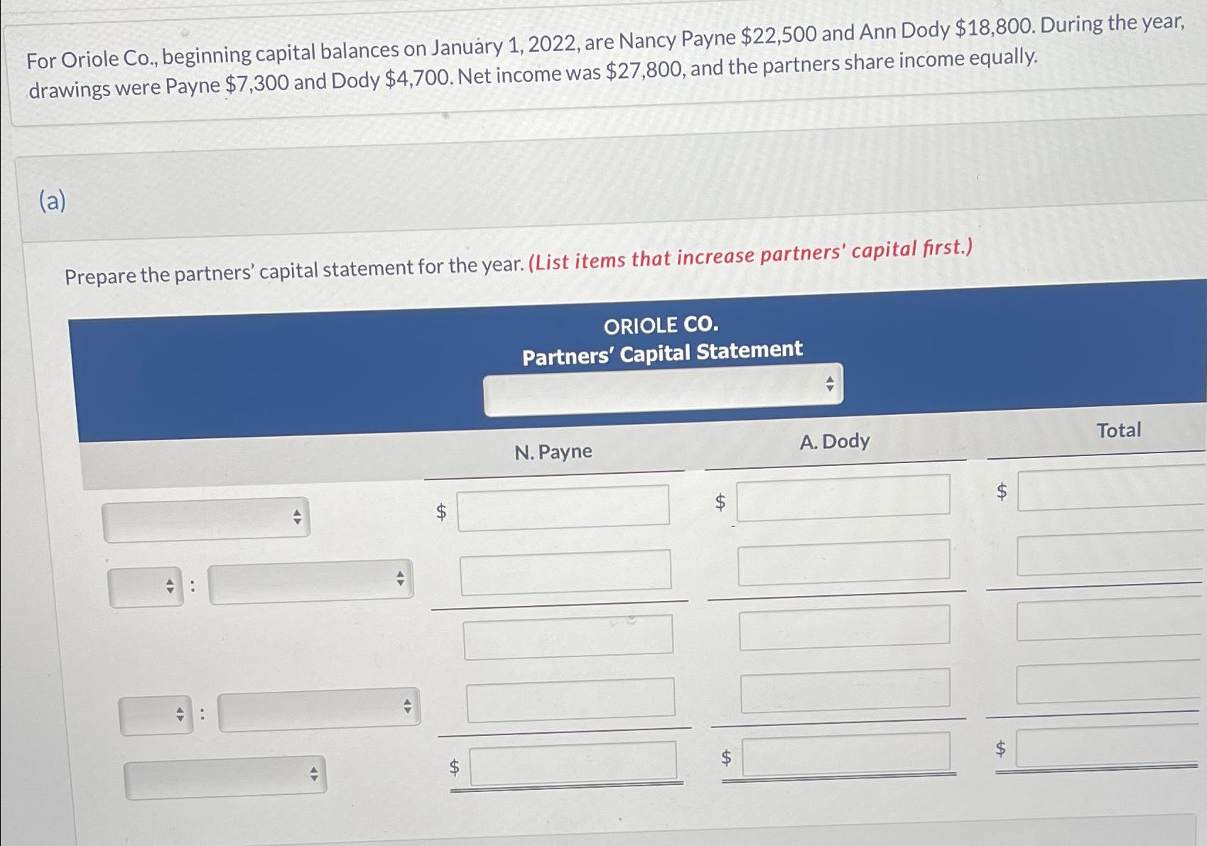 Solved For Oriole Co., ﻿beginning capital balances on | Chegg.com