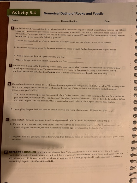 Solved Activity 8.4 Numerical Dating of Rocks and Fossils | Chegg.com