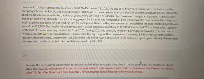 Blossom Ltd. began operations in January 2023. On | Chegg.com