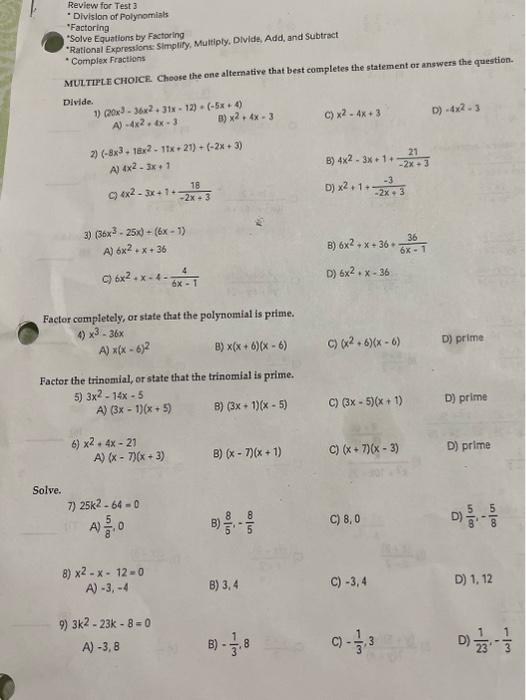 Solved Review for Test 3 - Division of Polynomials | Chegg.com
