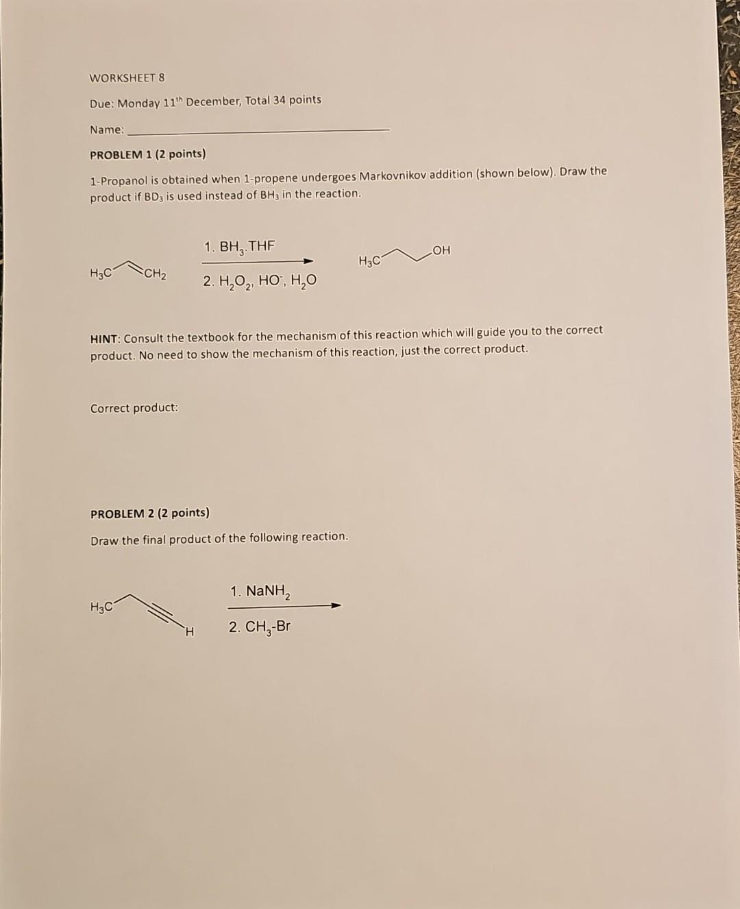 Solved 1 Propanol Is Obtained When 1 Propene Undergoes