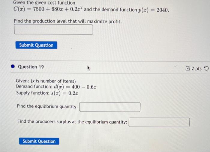 Solved Given the given cost function C(x)=7500+680x+0.2x2 | Chegg.com
