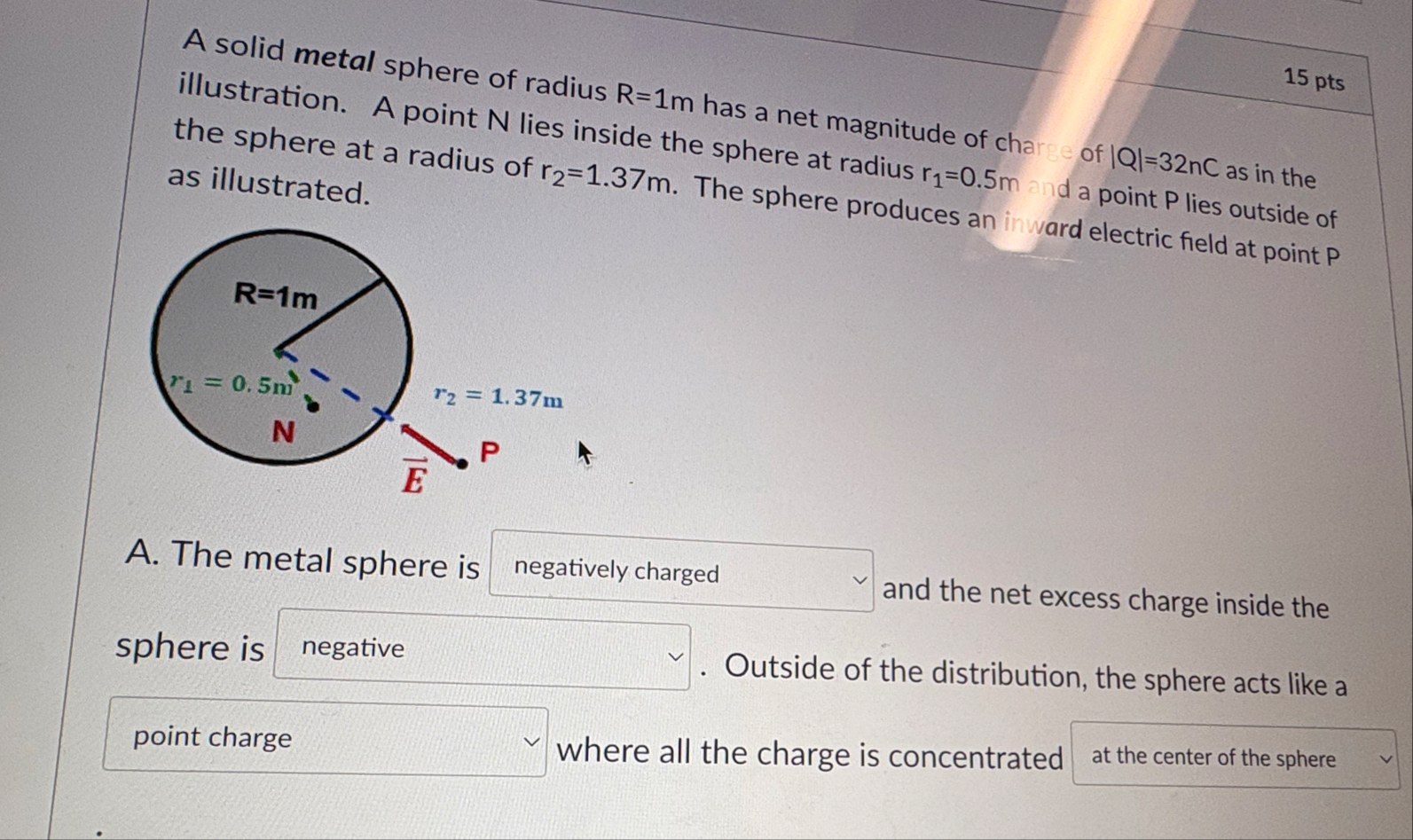 Solved A solid metal sphere of radius R=1m ﻿has a net | Chegg.com