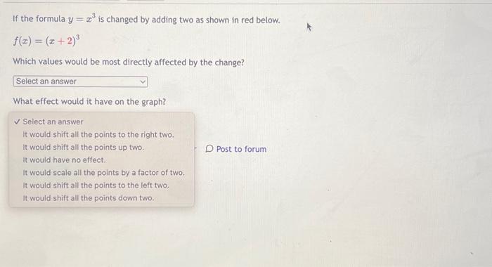 Solved If the formula y=x3 is changed by adding two as shown | Chegg.com
