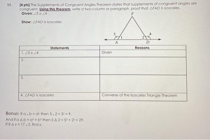 Solved 11. [4 pts) The Supplements of Congruent Angles | Chegg.com