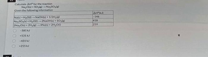 Solved Na2O(s)+SO3( s)→Na2SO4( g) −581 kJ+531 kJ−431 kJ | Chegg.com