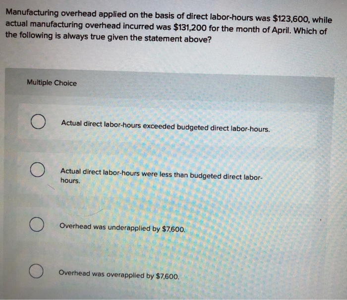 Solved Manufacturing overhead applied on the basis of direct | Chegg.com