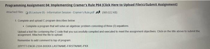 Solved Programming Assignment 04: Implementing Cramer's Rule | Chegg.com