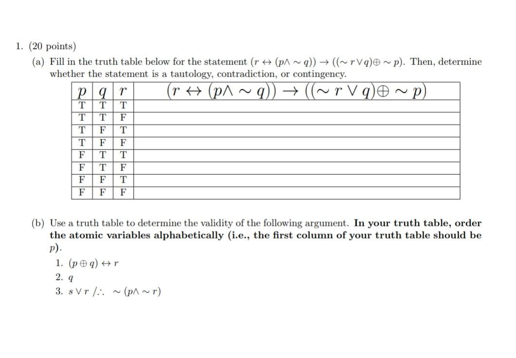 Solved 1. (20 points) (a) Fill in the truth table below for | Chegg.com