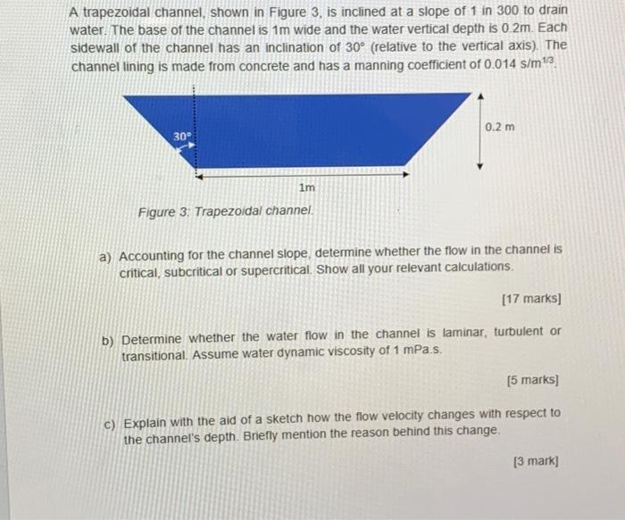Solved A trapezoidal channel, shown in Figure 3 , is | Chegg.com