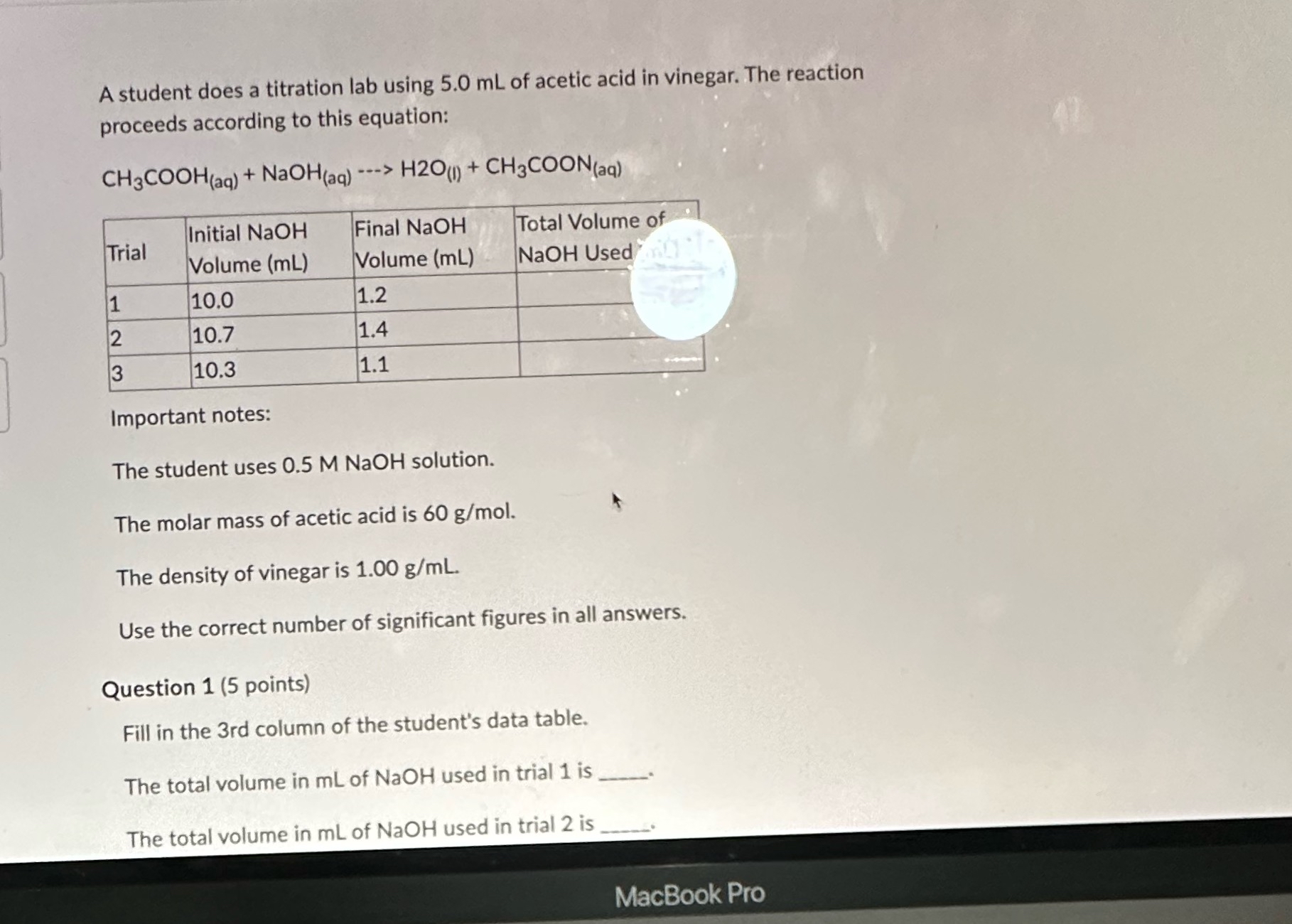 Solved A student does a titration lab using 5.0mL ﻿of acetic | Chegg.com