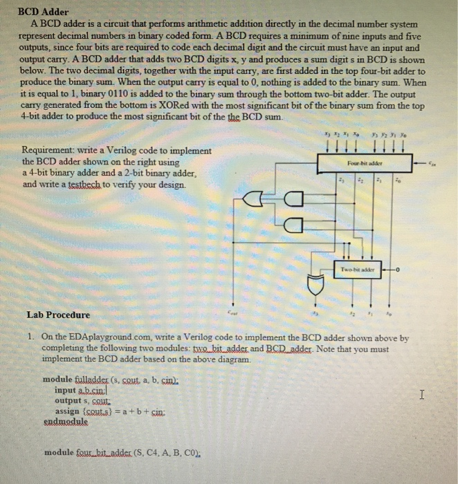 BCD Adder A BCD adder is a circuit that performs | Chegg.com