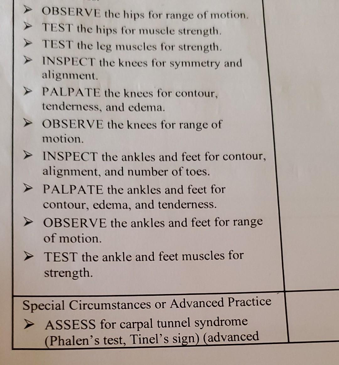 TEST the leg muscles for strength. INSPECT the knees | Chegg.com
