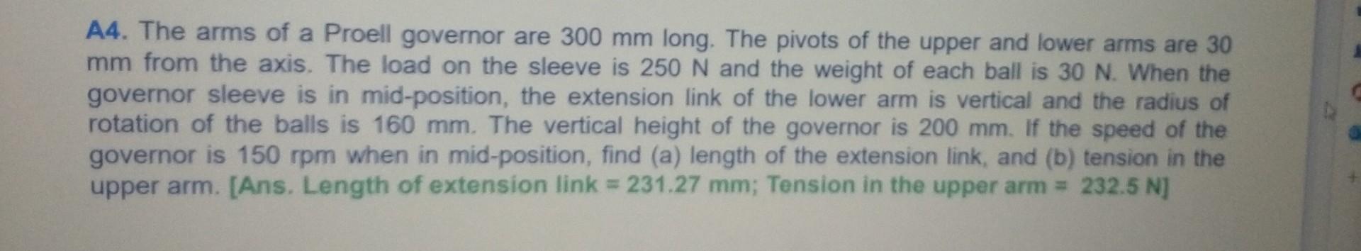 Solved A4. The arms of a Proell governor are 300 mm long. | Chegg.com