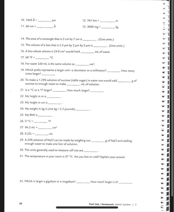 Solved 2 Metric System Name: Biology Section Date 10- | Chegg.com