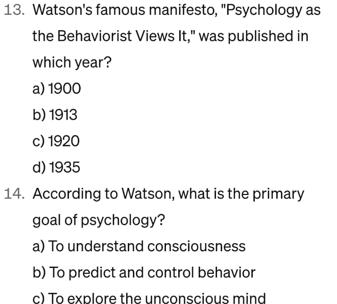 Solved Watson's famous manifesto, "Psychology as the | Chegg.com