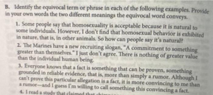Solved B. Identify the equivocal term or phrase in each of | Chegg.com