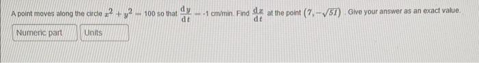 Solved A point moves along the circle x2+y2=100 so that | Chegg.com
