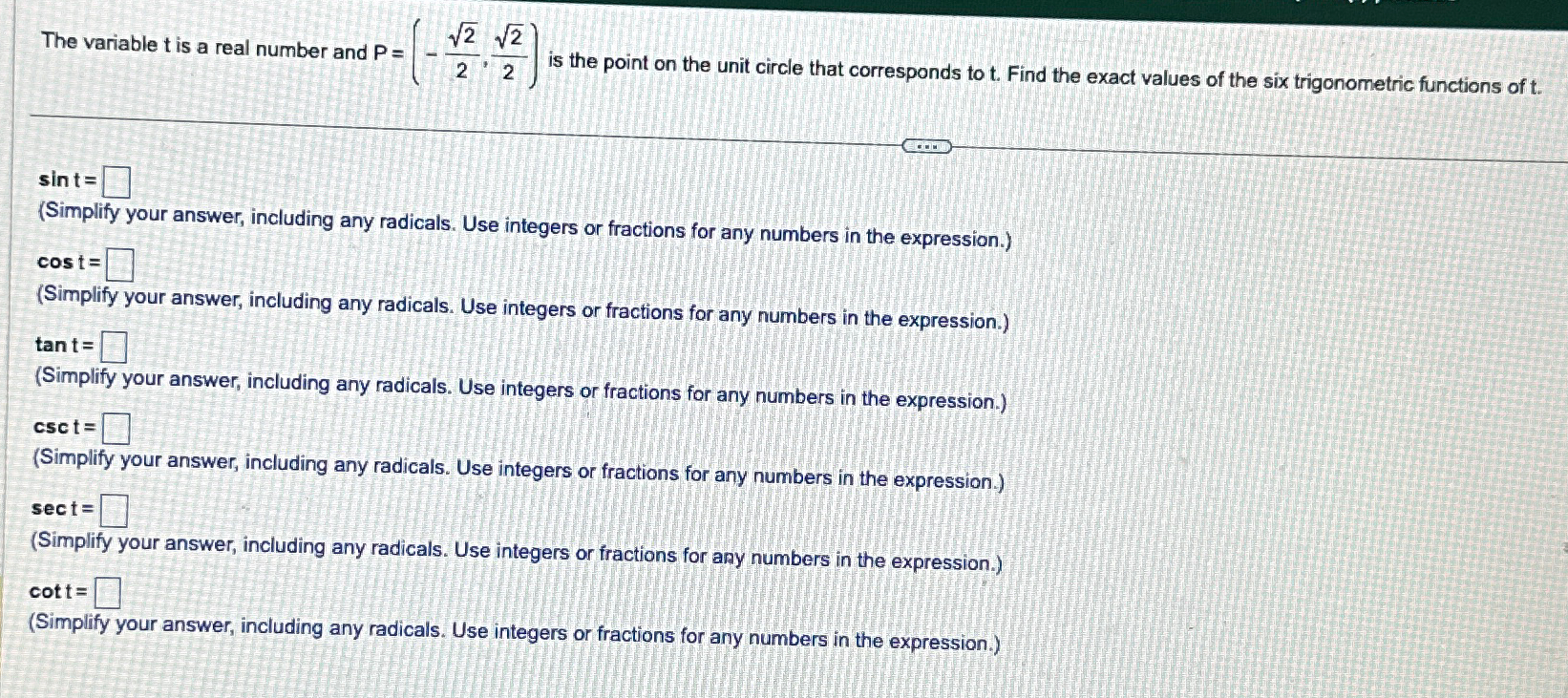 Solved sint=(Simplify your answer, including any radicals. | Chegg.com