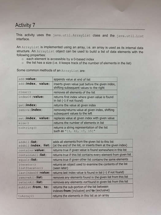 Solved Activity 7 This activity uses the java.util.ArrayList | Chegg.com