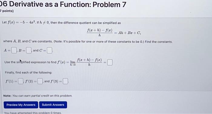 Solved 06 Derivative as a Function: Problem 7 7 points) Let | Chegg.com