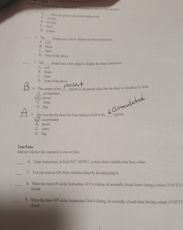 Solved 1 timer has preset value timer instructions A | Chegg.com