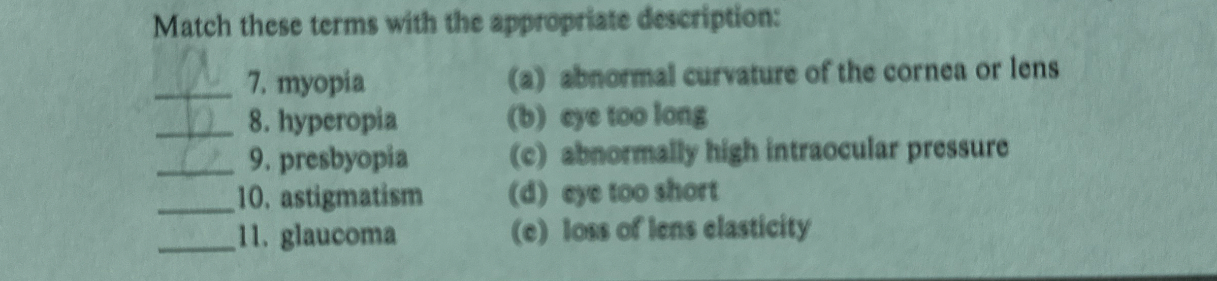 Match these terms with the appropriate description:7. | Chegg.com