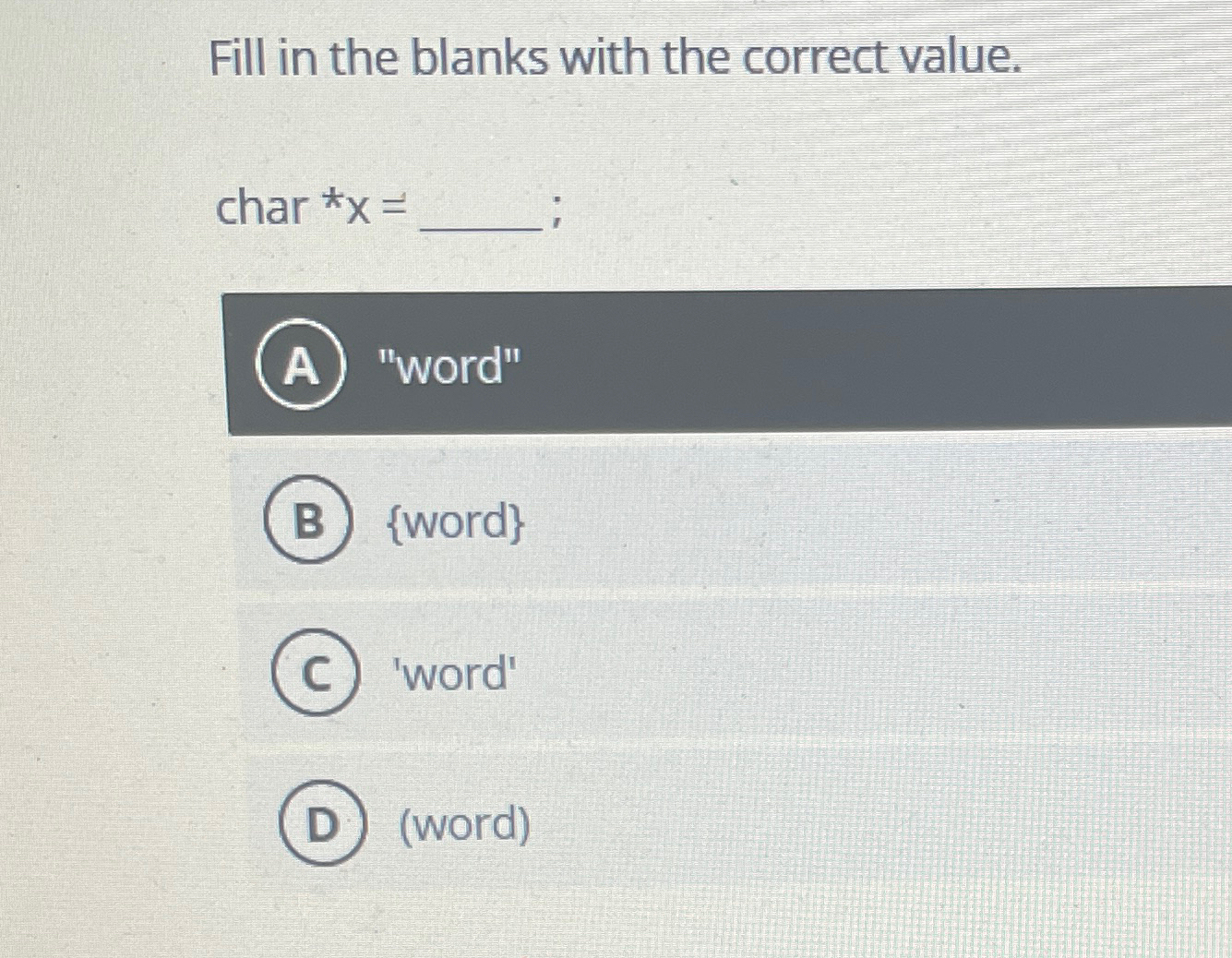 Solved Fill in the blanks with the correct value.char | Chegg.com