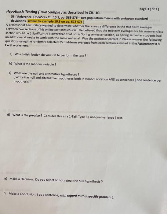 Solved Hypothesis Testing Two Sample As Described In