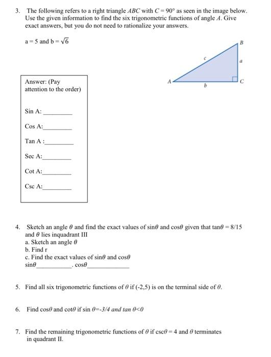 Solved 3. The following refers to a right triangle ABC with | Chegg.com