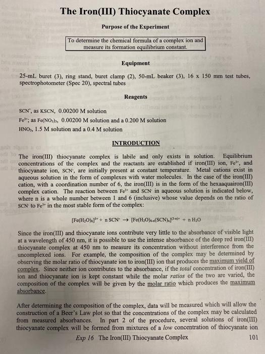 The Iron(III) Thiocyanate Complex Purpose of the | Chegg.com