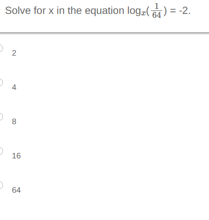 Solved Solve for x ﻿in the equation logx(164)=-2.2481664 | Chegg.com