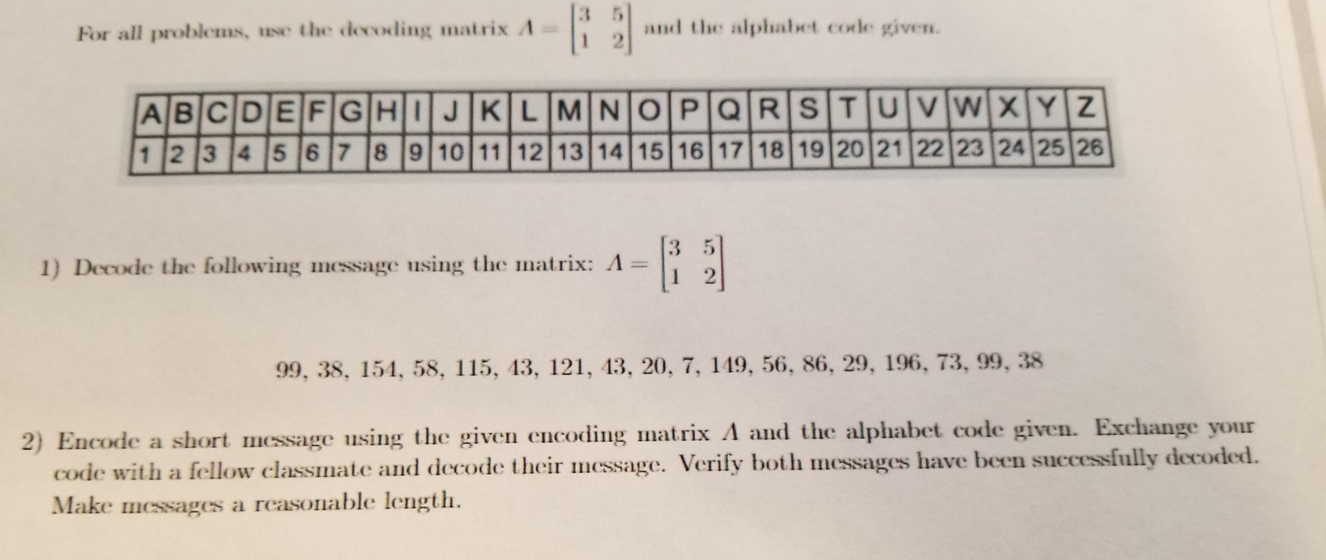 Solved For all problems, use the decoding matrix A and the | Chegg.com