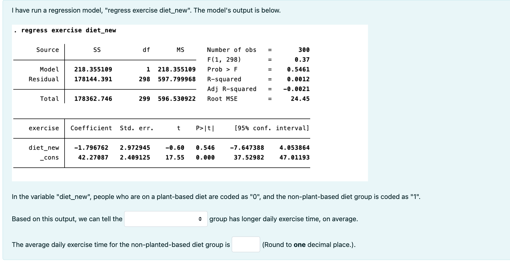 Solved I have run a regression model, "regress exercise | Chegg.com