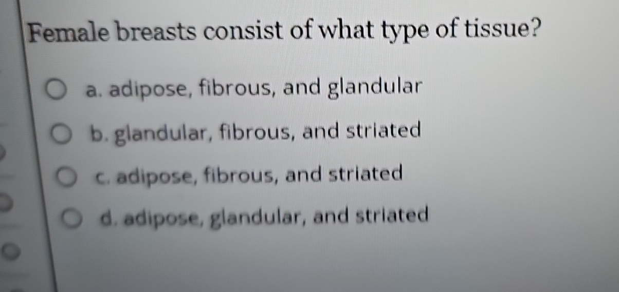 Solved Female breasts consist of what type of tissue?a. | Chegg.com