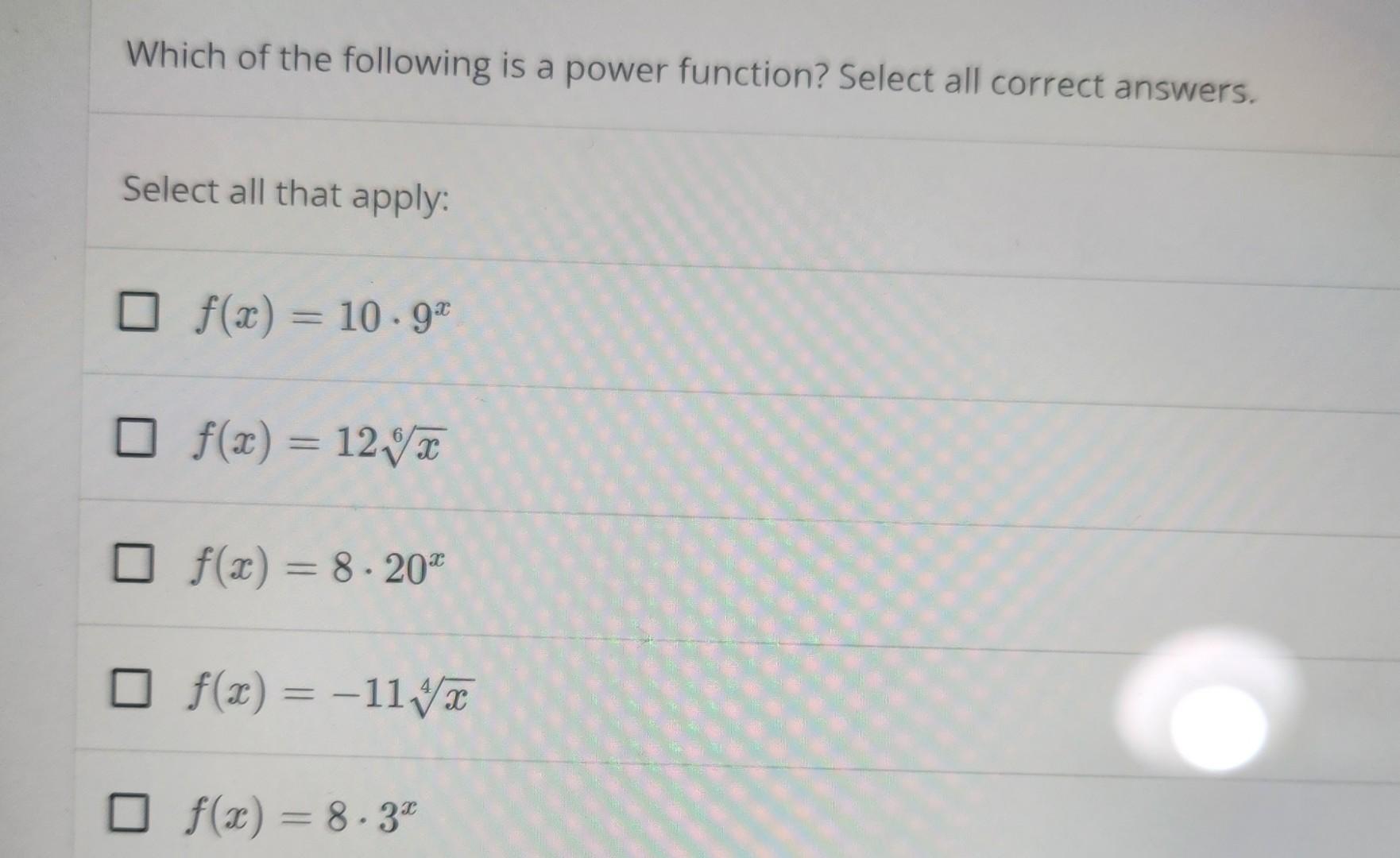 Solved Which of the following is a power function? Select | Chegg.com