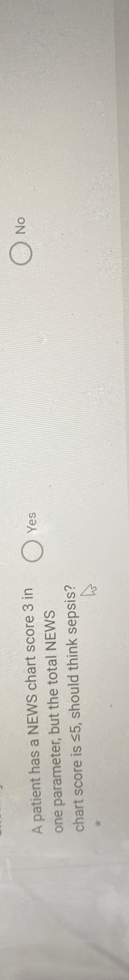 Solved A patient has a NEWS chart score 3 ﻿inYesNo one | Chegg.com