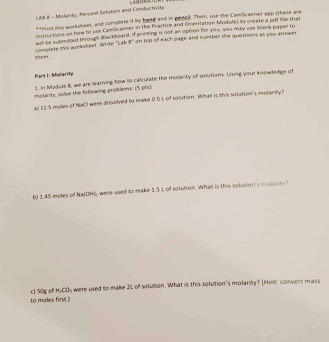[Solved]: LAB 8 -Molarity, Percent Solution and Conduct