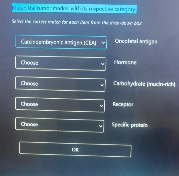 Match the tumor marker with its respective category: | Chegg.com