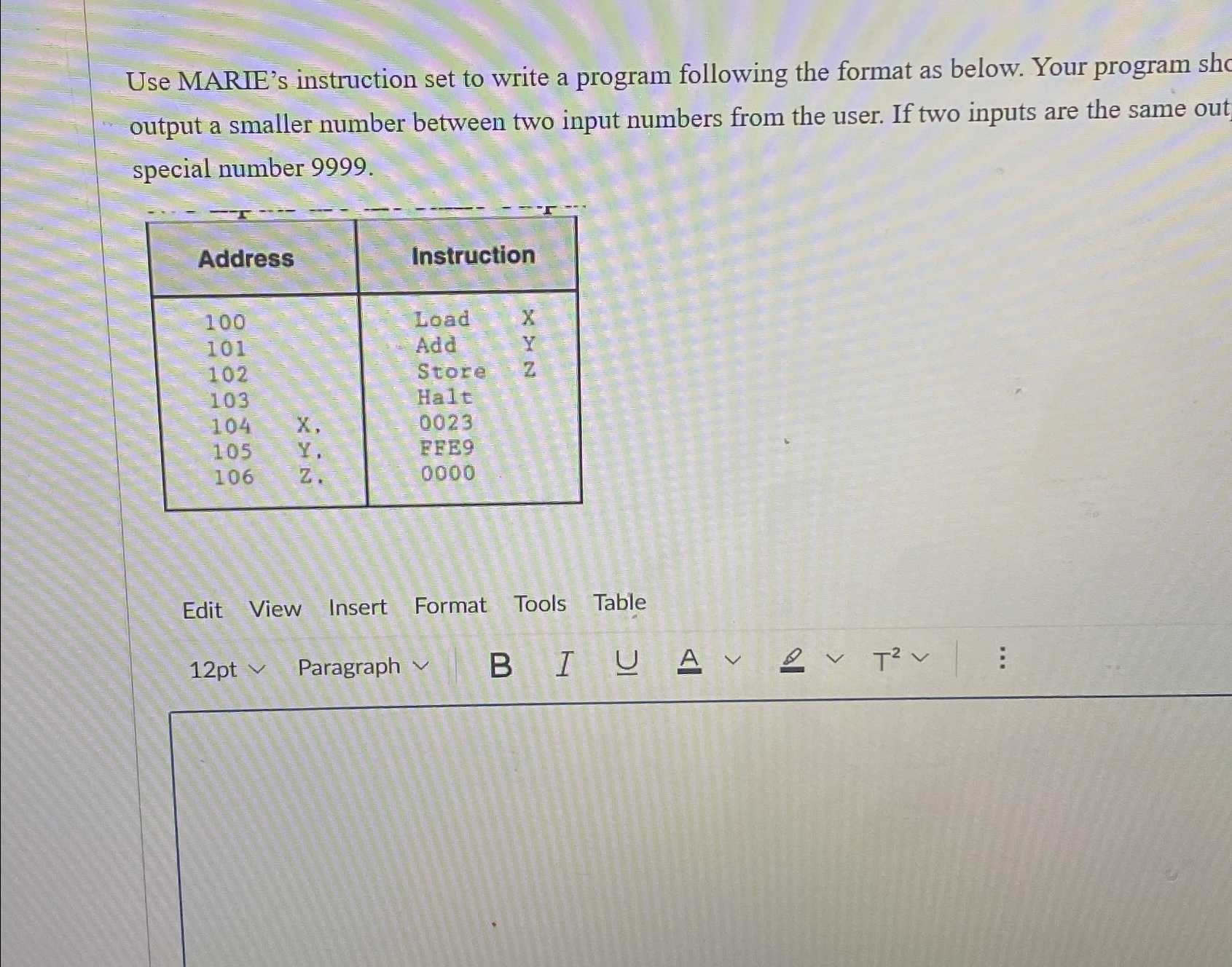 Use MARIE's instruction set to write a program | Chegg.com