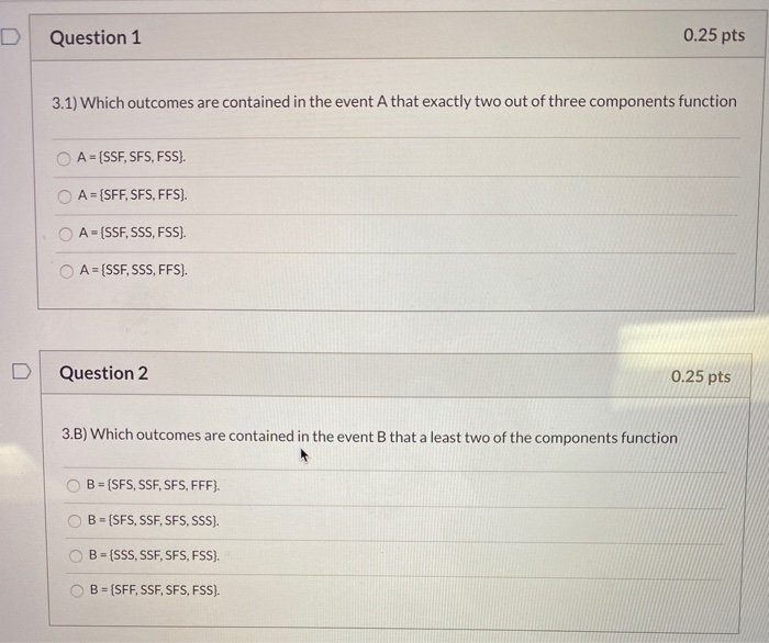 Solved 0.25 pts Question 1 3.1) Which outcomes are contained | Chegg.com